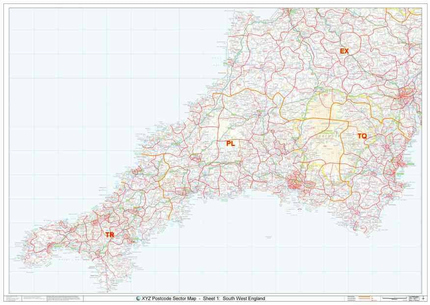 Cornwall & West Devon Laminated Postcode Sector Map – Map Logic