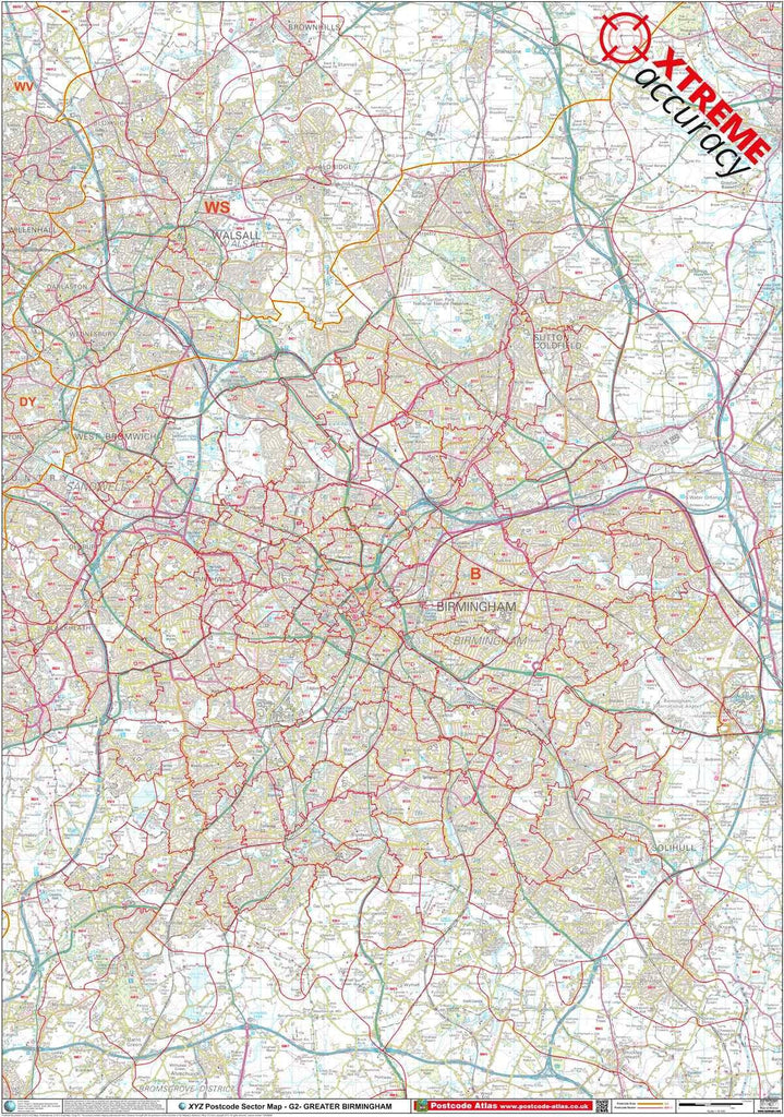 Greater Birmingham Area Laminated Postcode Sector Map – Map Logic