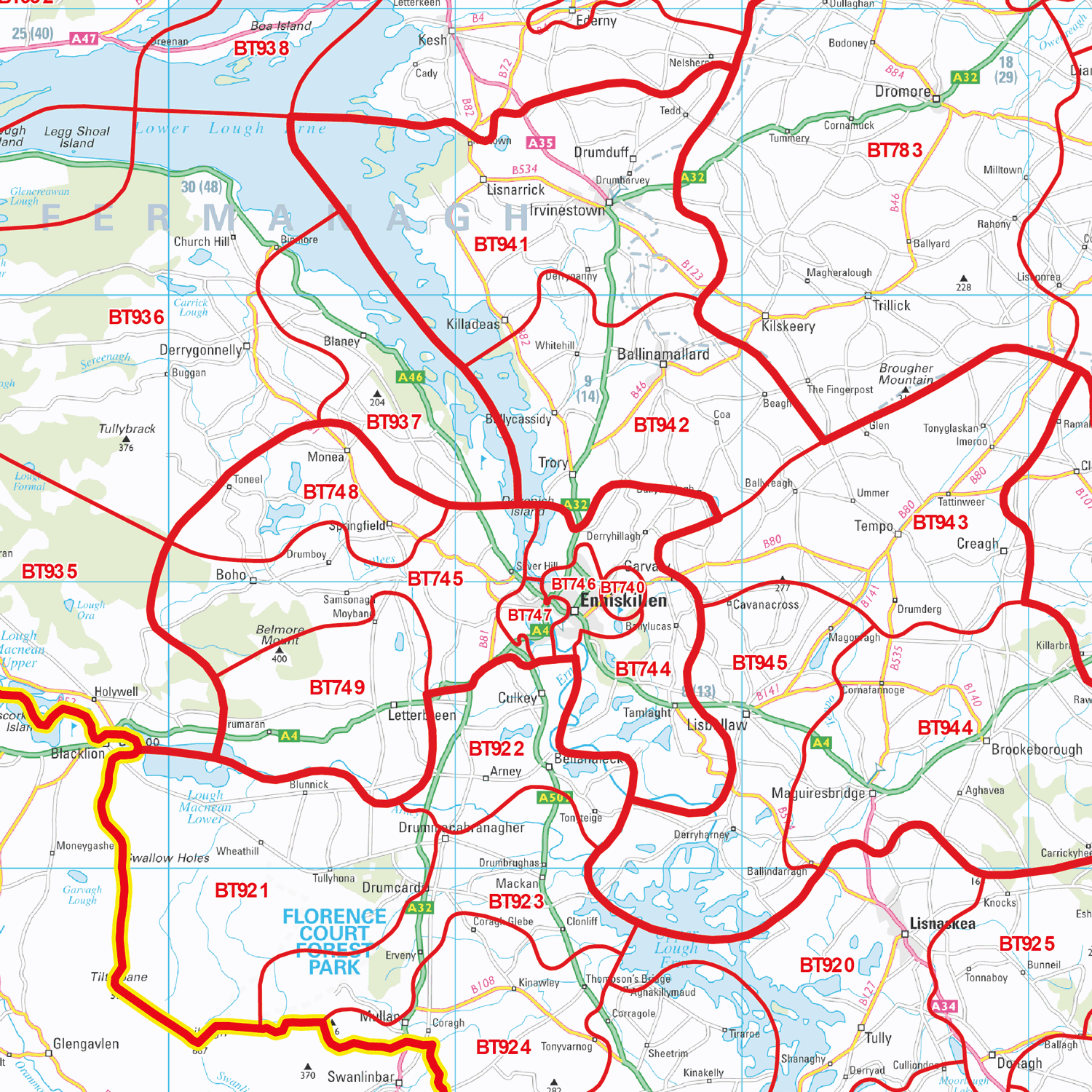 BT Postcode Map for the Northern Ireland Postcode Area GIF or PDF Down ...